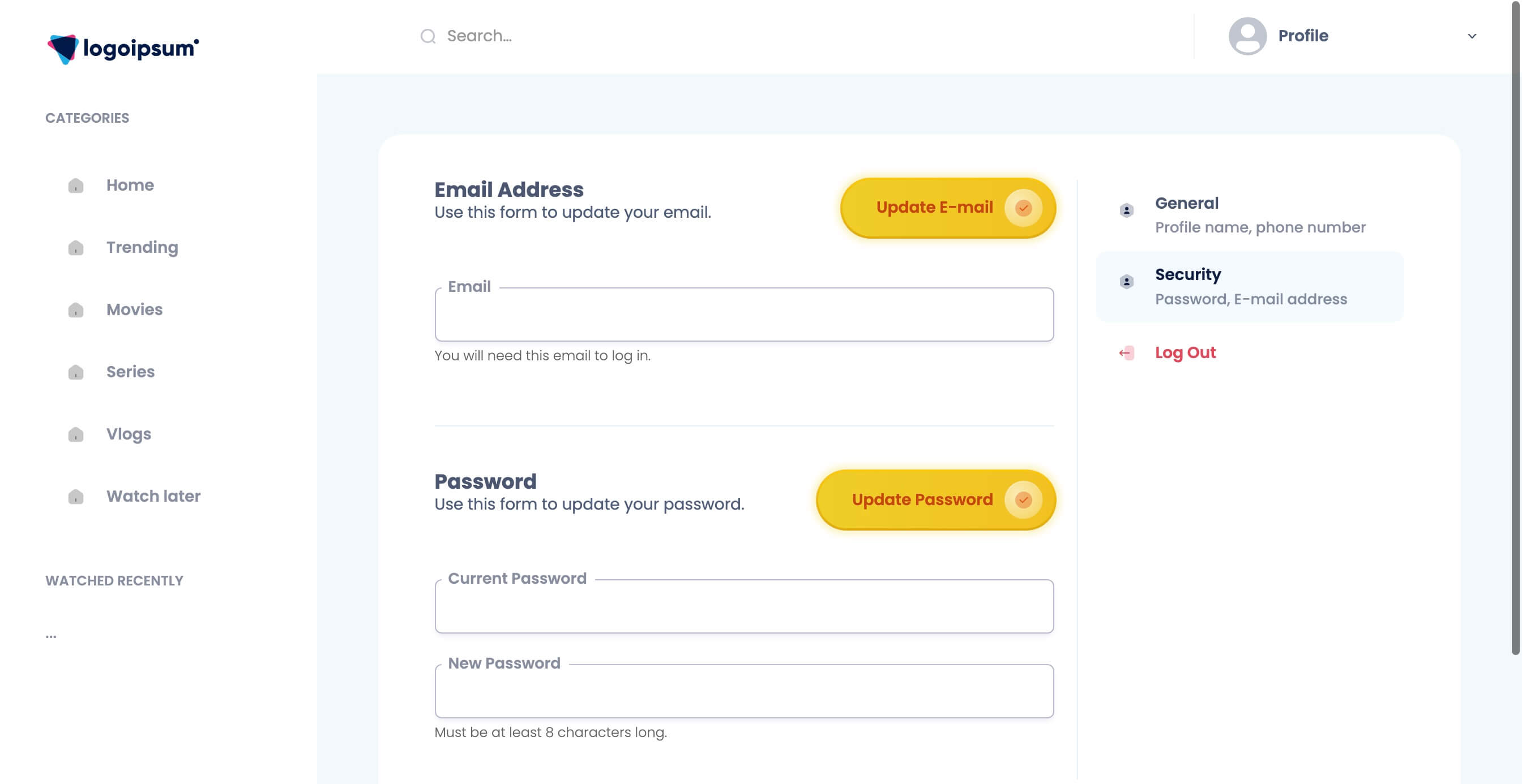 Video Streaming Dashboard and Profile | Free Webflow Component